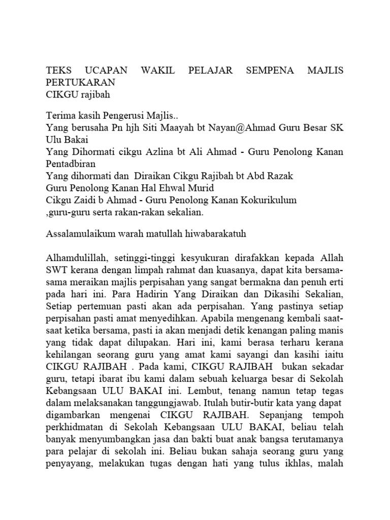 TEKS UCAPAN WAKIL PELAJAR SEMPENA MAJLIS PERTUKARAN | PDF