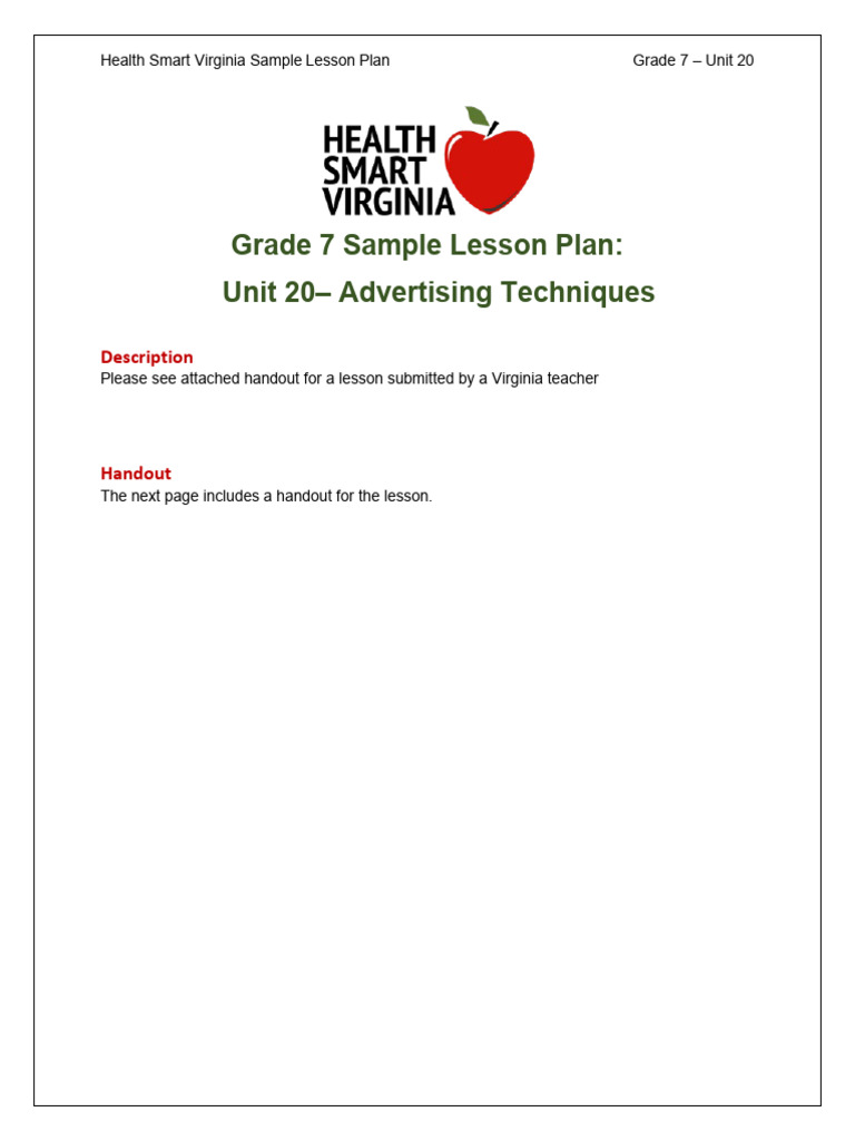 Grade 7 Advertising Techniques Lesson Plan | PDF | Advertising | Mass Media