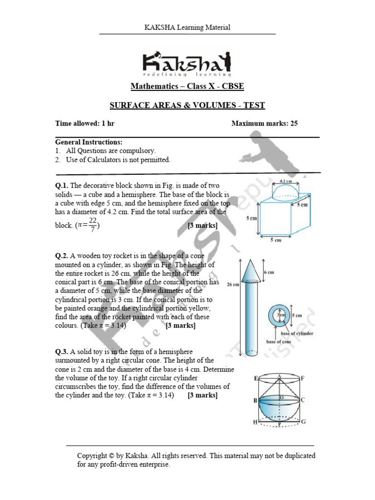 Surface Areas and Volumes Test | PDF | Elementary Geometry | Geometric ...