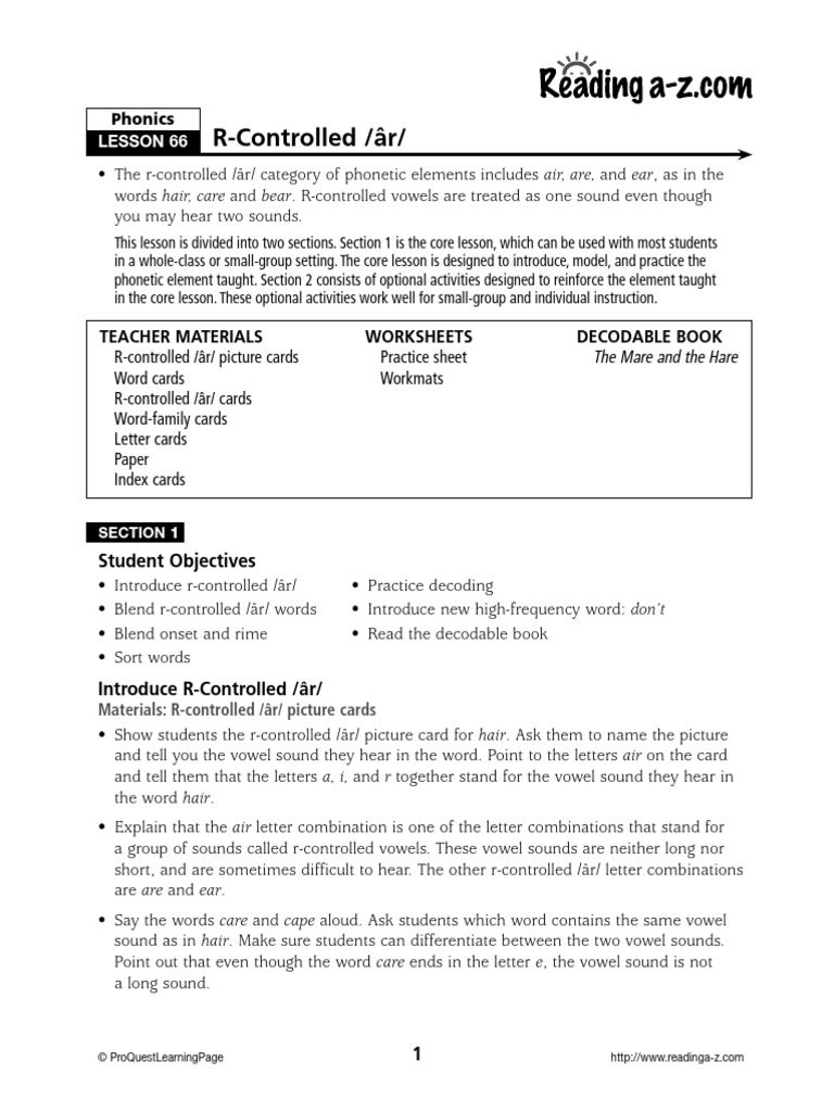 Lesson 66 Ar As in Care | PDF | Syllable | Phonics