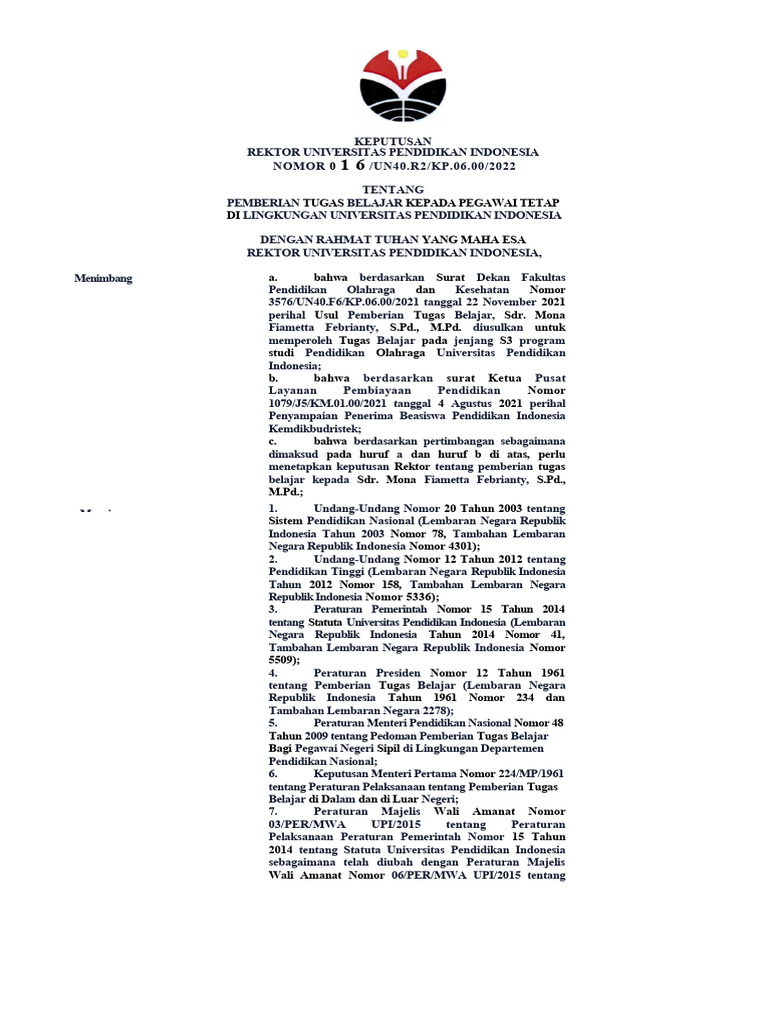 Keputusan Tugas Belajar UPI 2022 | PDF