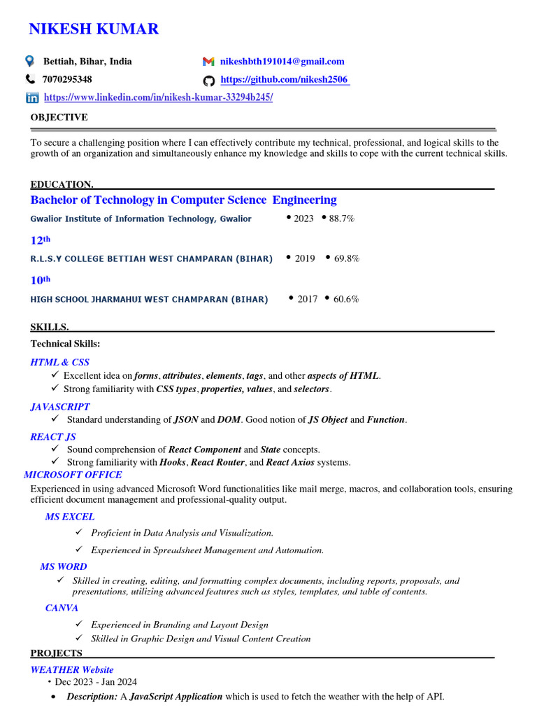 NIKESH Resume Sim 240526 072107 | PDF | Websites | Java Script