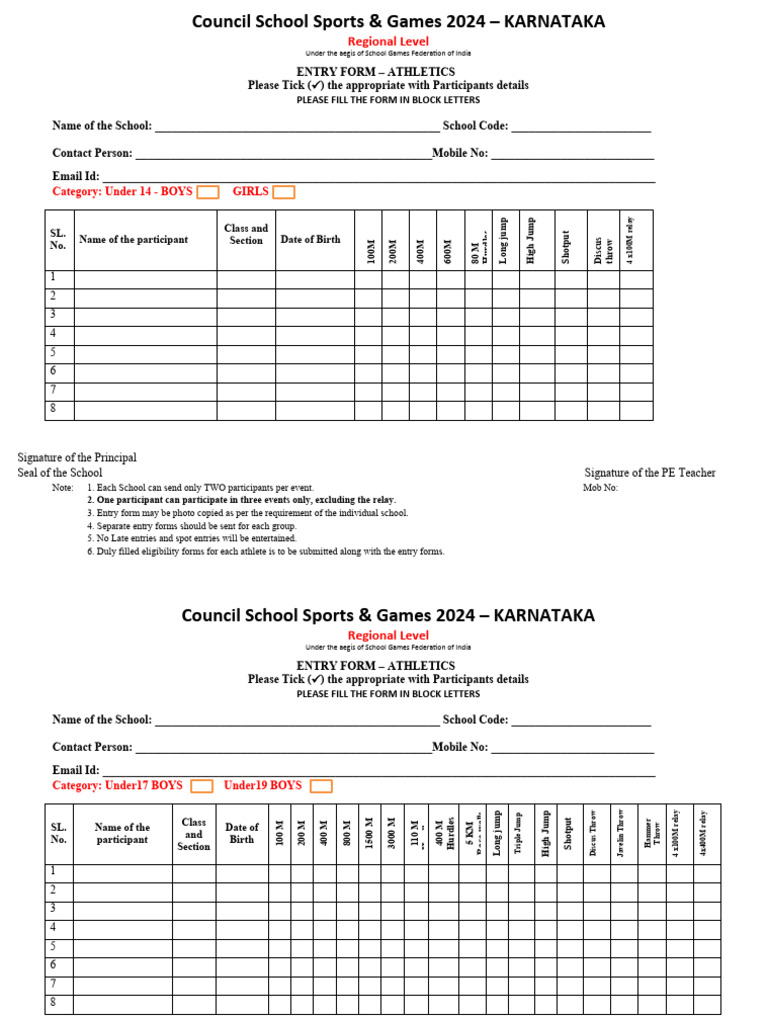 ATHLETICS ENTRY FORM 2024 | PDF | Track And Field | Games Of Physical Skill