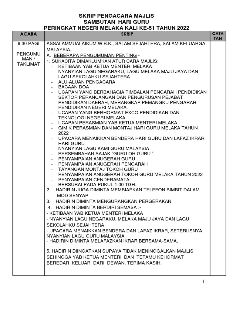 Skrip - Pengacara - Majlis - Sambutan - Hari - Guru - Peringkat - Negeri - Melaka V2 | PDF