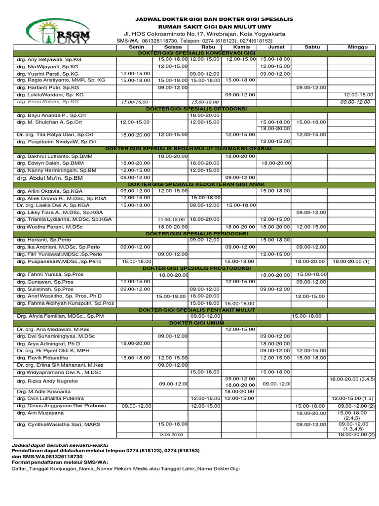 Jadwal Dokter Gigi Dan Dokter Gigi Spesialis RSGM Umy 2024 | PDF Jadwal Dokter Gigi Dan Dokter Gigi Spesialis RSGM Umy 2024 | PDF