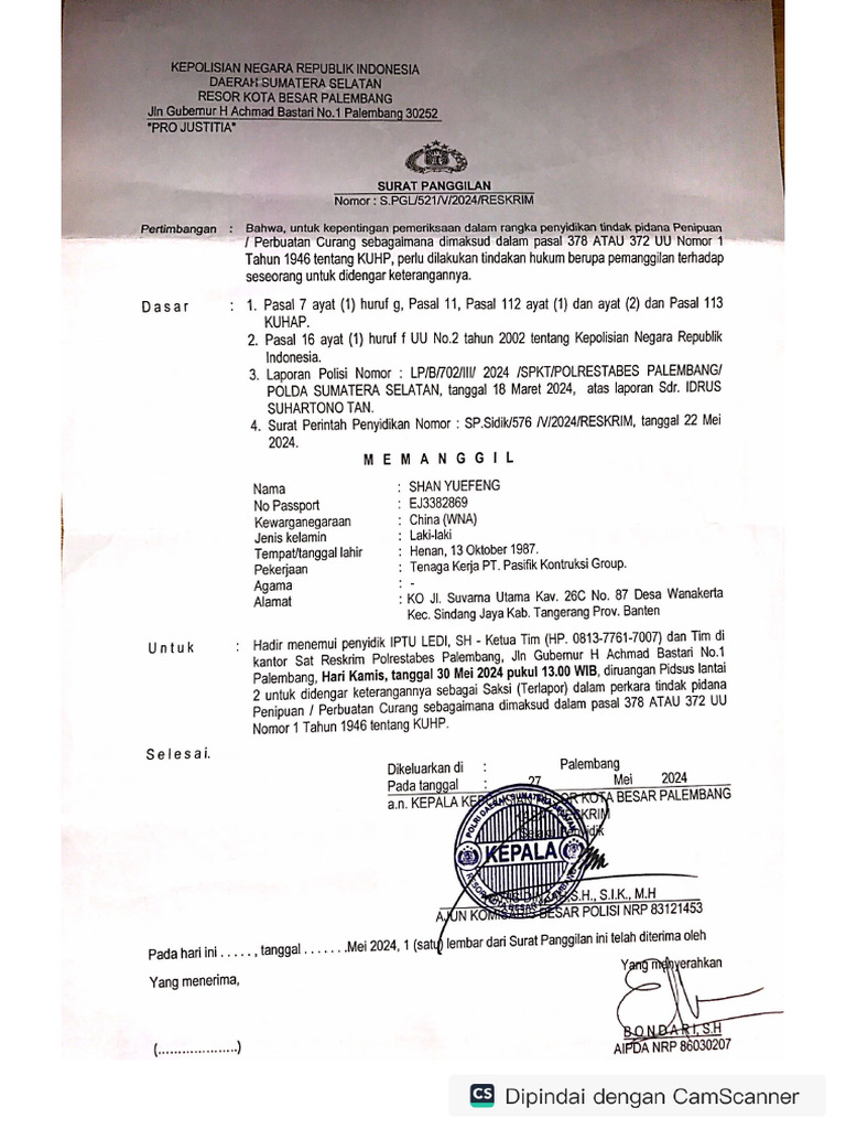 Surat panggilan Shan Fuefeng | PDF