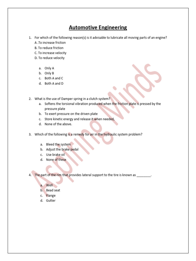 Automotive Engineering Quiz Questions | PDF
