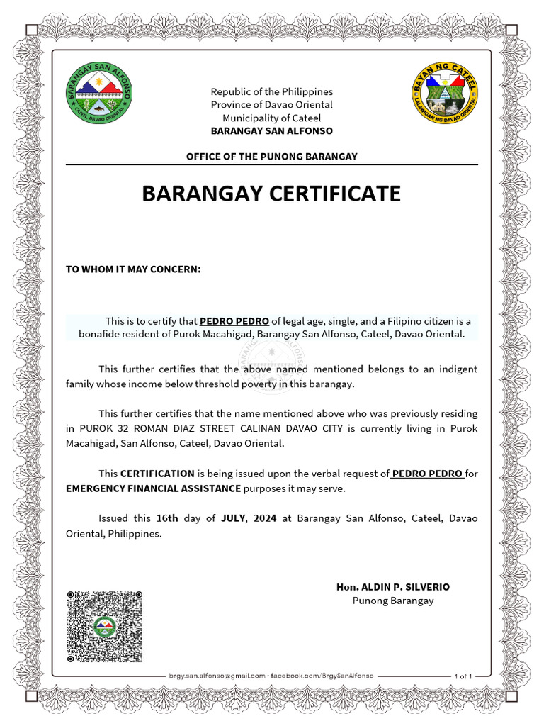 BARANGAY CERTIFICATE FOR CHANGE OF ADDRESS | PDF