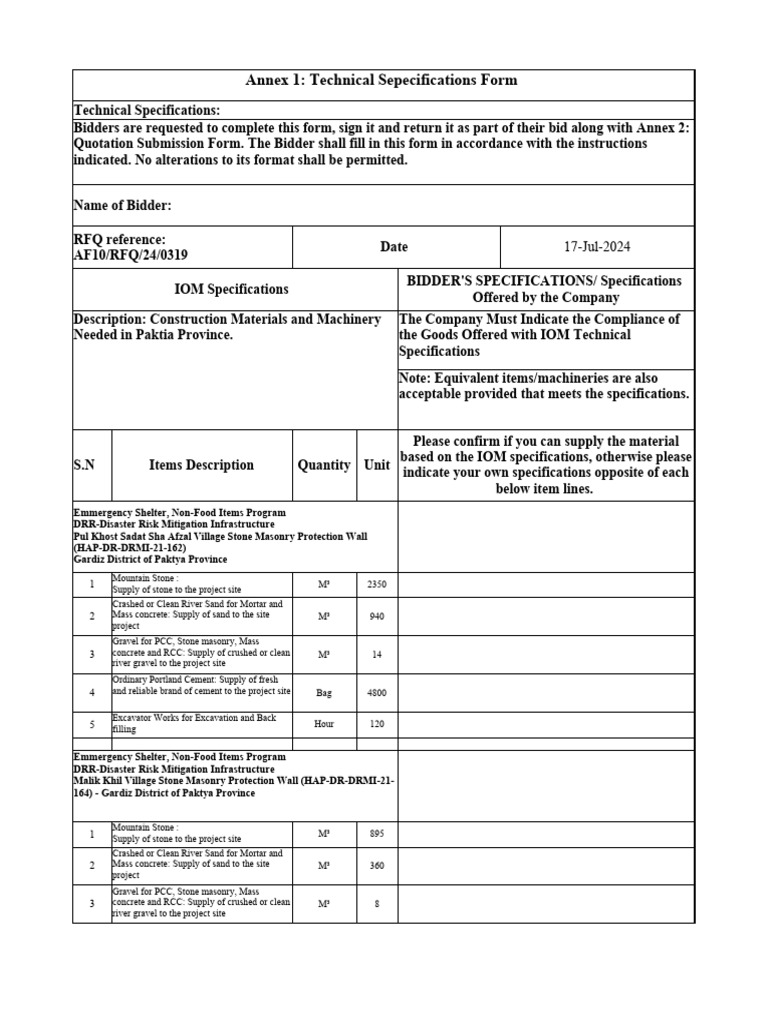 Annex 1 - Technical Specifications Form - Soft | PDF | Concrete ...