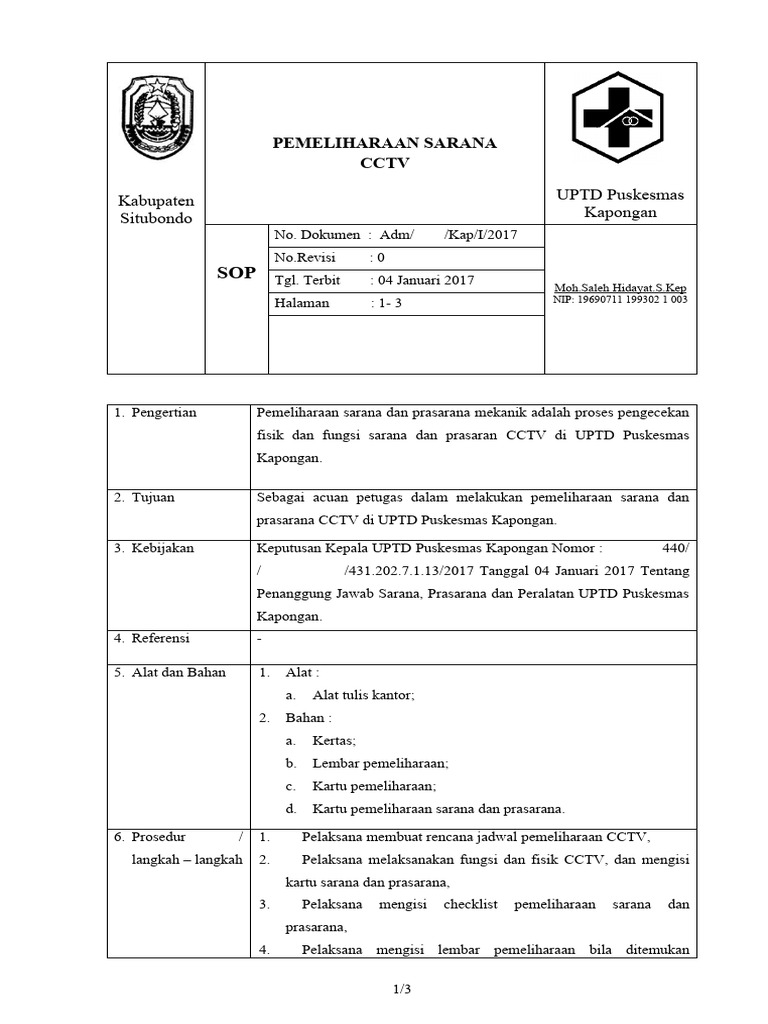 SOP Pemeliharaan CCTV Puskesmas Kapongan | PDF | Teknologi & Rekayasa