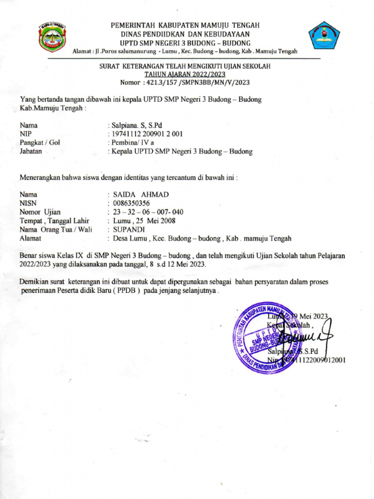 Surat Ket Lulus & Nilai Rata Rata Rapor | PDF