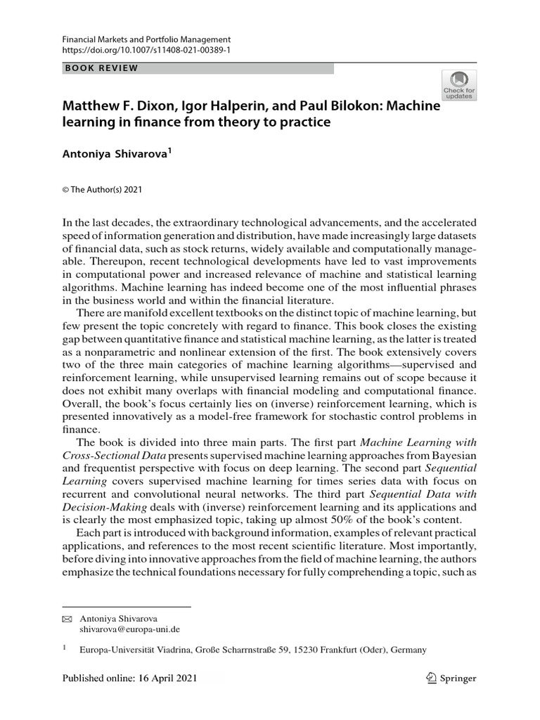 Matthew F Dixon Igor Halperin and Paul Bilokon Mac | PDF | Machine ...