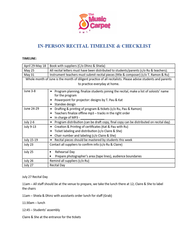 In-Person Recital Timeline & Checklist | PDF | Entertainment | Musicology