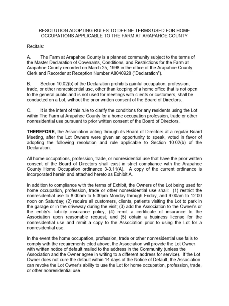 01 Resolution Re Nonresidential Use of The Lots Subject To The ...