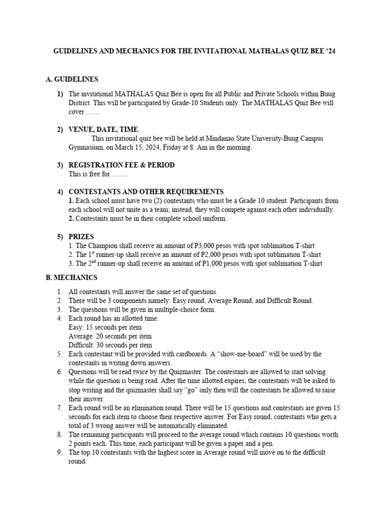 Guidelines For The Invitational Math Quiz | PDF | Entertainment | Game ...