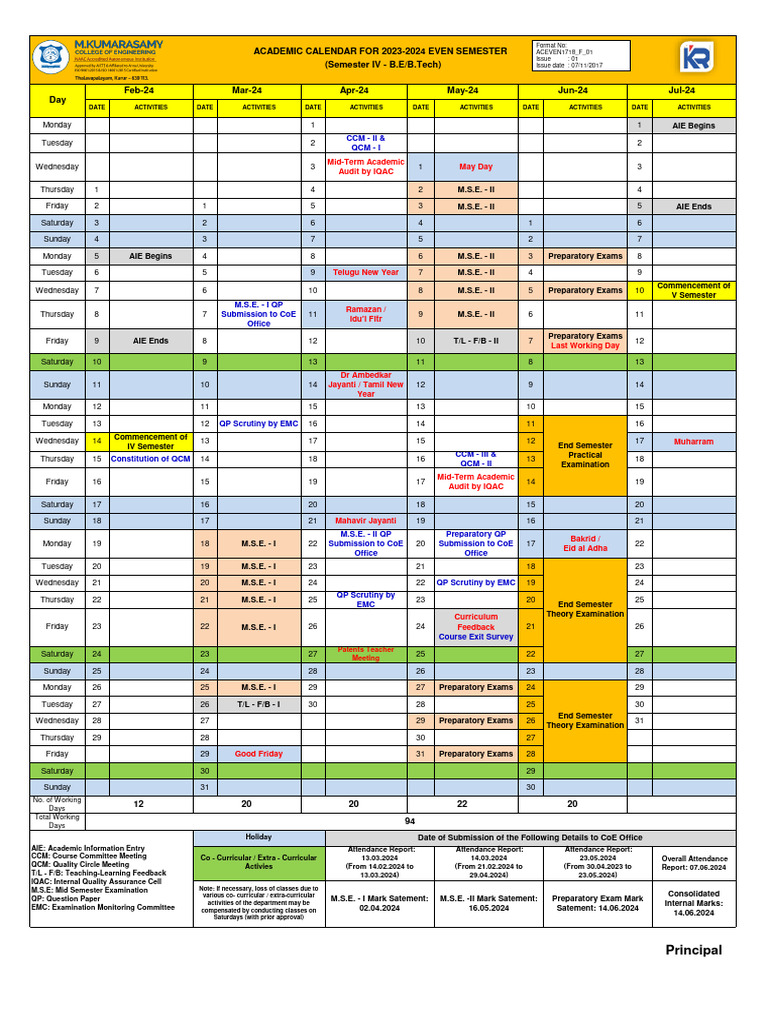 AY 2023-24 - IV Semester - Academic Calendar | PDF | Academic Term | Schools
