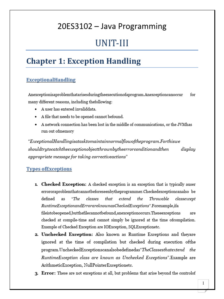 20ES3102 Java Programming Unit III Chapter 1 Exception Handling | PDF ... 20ES3102 Java Programming Unit III Chapter 1 Exception Handling | PDF ...