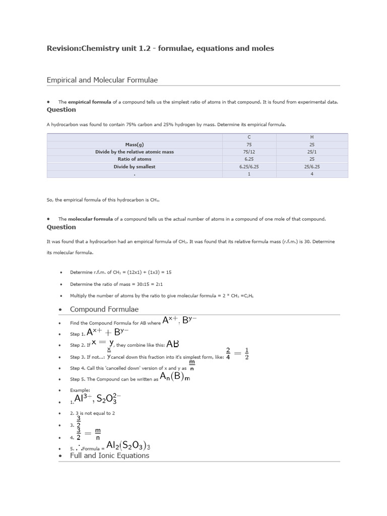 Unit 1.2 Formulae, Equations and Moles | PDF | Mole (Unit) | Stoichiometry