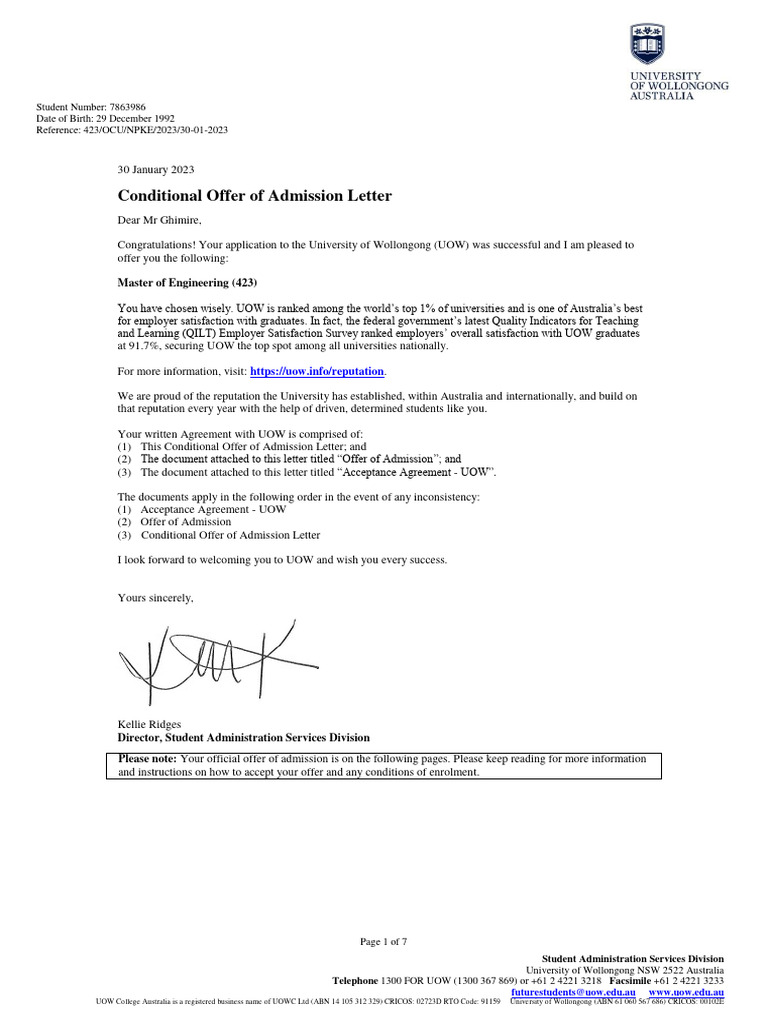 Conditional Offer of Admission Letter | PDF | Fee