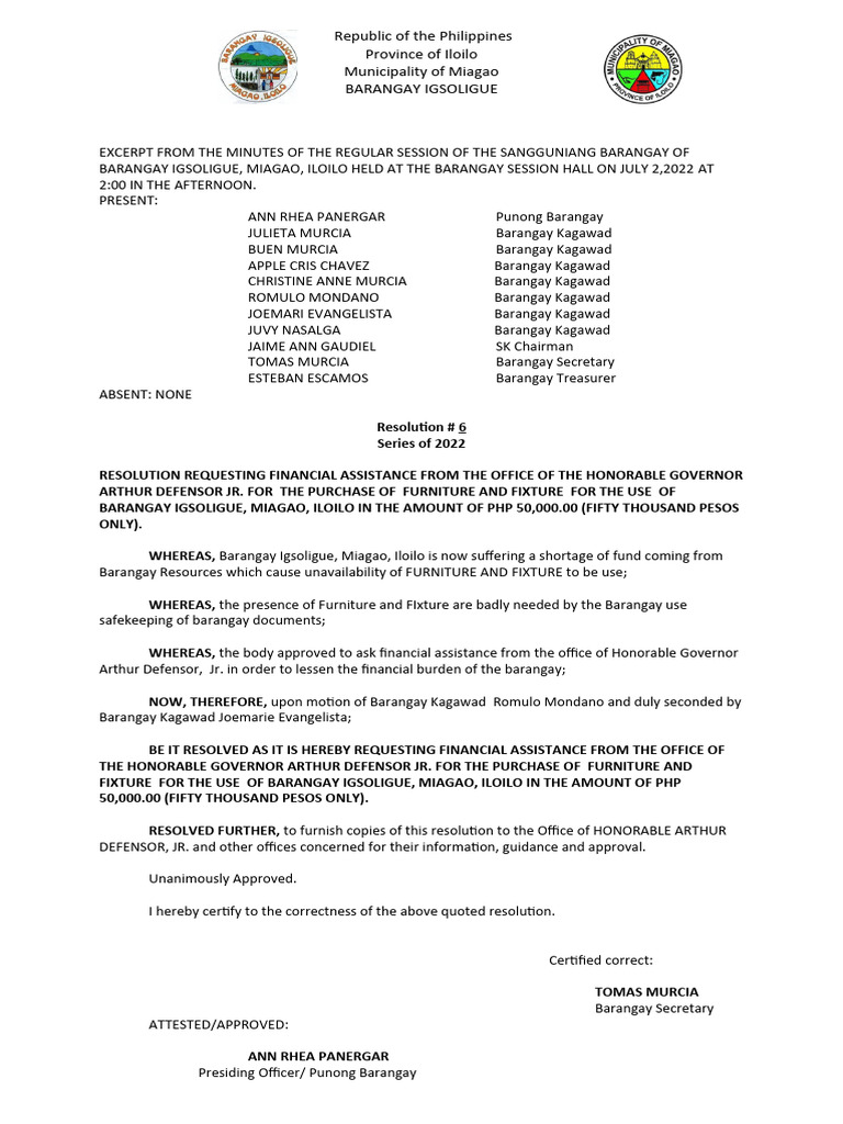 Resolution for Furniture Funding Request | PDF | Philippines