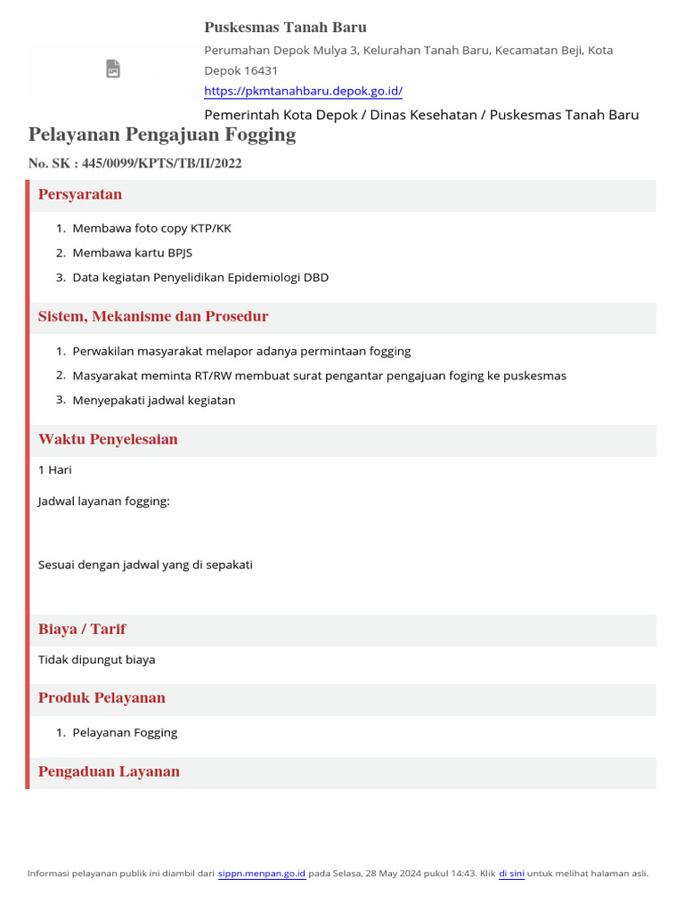 Unduh Standar Pelayanan - Pelayanan Pengajuan Fogging | PDF