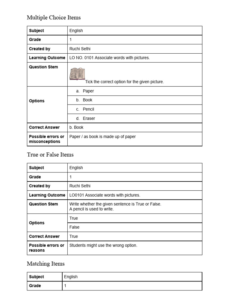 Grade 1 Ques | PDF | Multiple Choice | Question