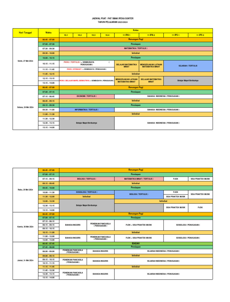Minggu Kedua Jadwal Psat - Pat 2023 - 2024 Detail | PDF