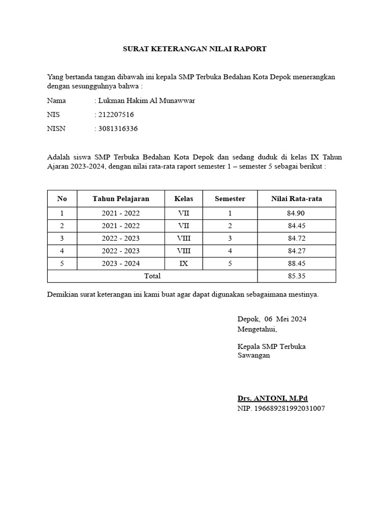 Surat Keterangan Nilai Raport Lukman Hakim | PDF Surat Keterangan Nilai Raport Lukman Hakim | PDF