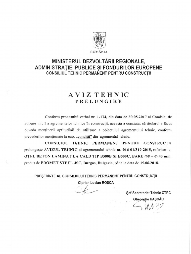 Agrement Tehnic Nr. 016-01-319-2015 Promet Steel | PDF