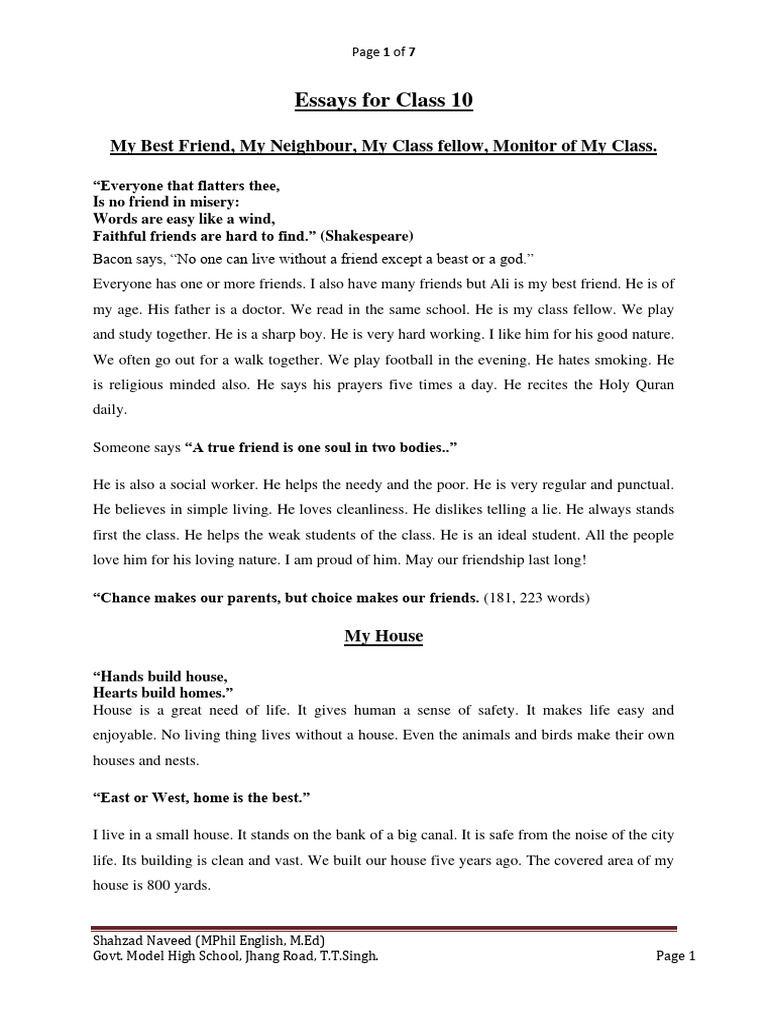 Essays Class 10 | PDF | Muhammad Ali Jinnah | Sports