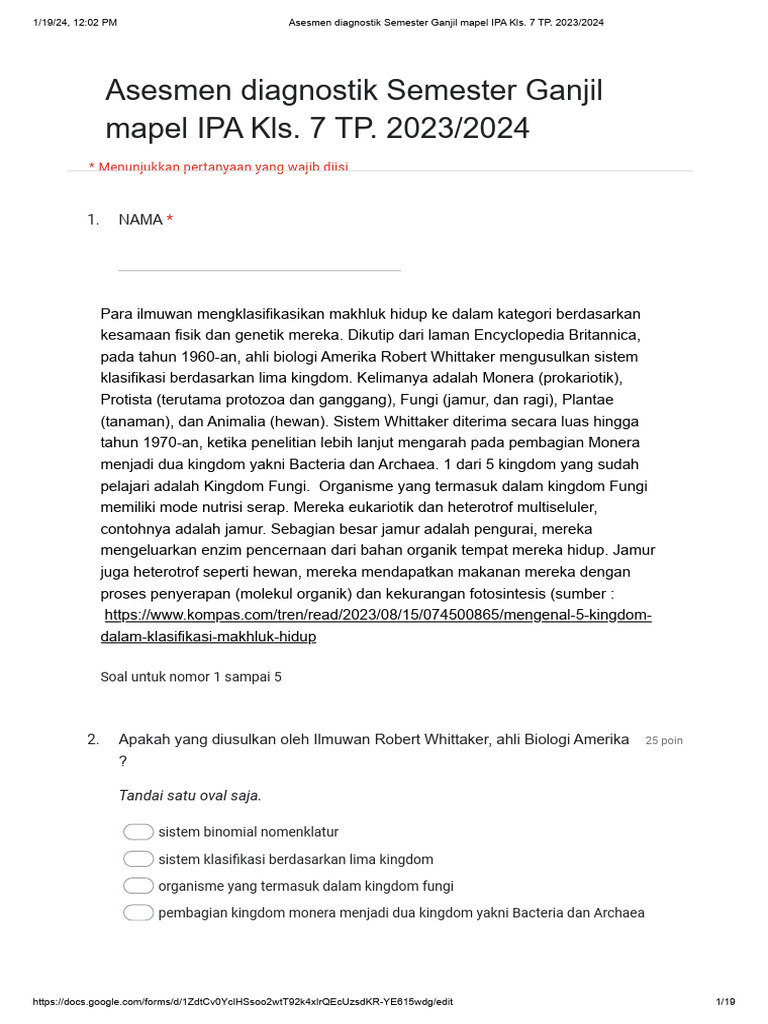 Asesmen Diagnostik Semester Ganjil Mapel IPA Kls. 7 TP. 2023 - 2024 | PDF | Sains & Matematika