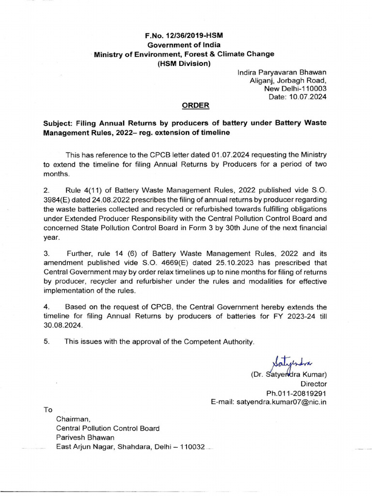 MoEFCC - Order - Dated - 10.07.2024 - Reg. Extension - of - Timeline - For - Return - filing ...
