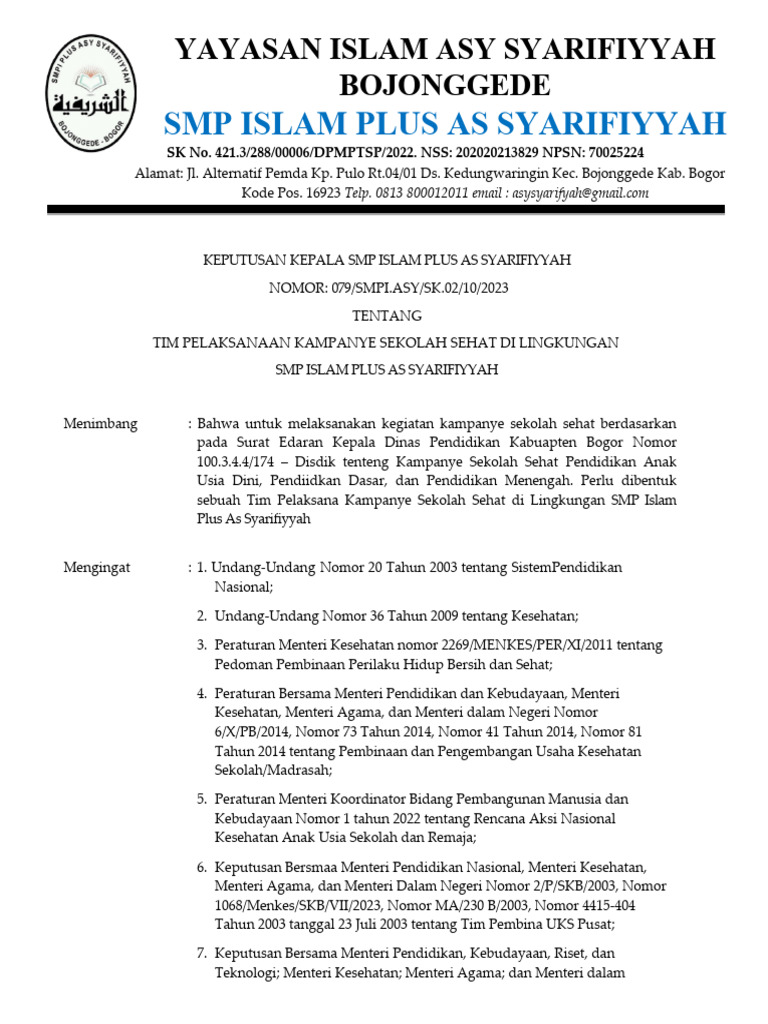 SK Tim KSS SMPS Islam Mathlaul Anwar | PDF