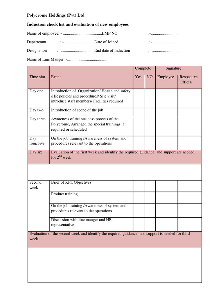 Induction Check List & Evaluation Form | PDF | Human Resource ...