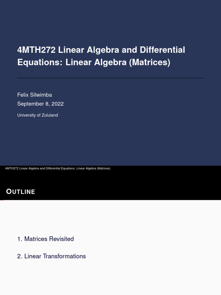 4MTH272 Linear Algebra and Differential Equations Matrices | PDF ...