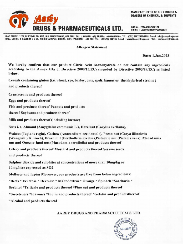 Allergen Statement Cam | PDF