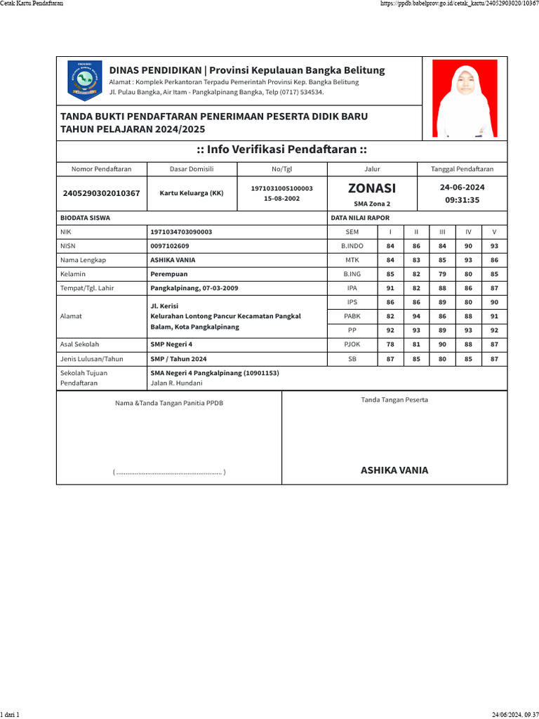Cetak Kartu Pendaftaran PPDB ZIKA SMAPA | PDF