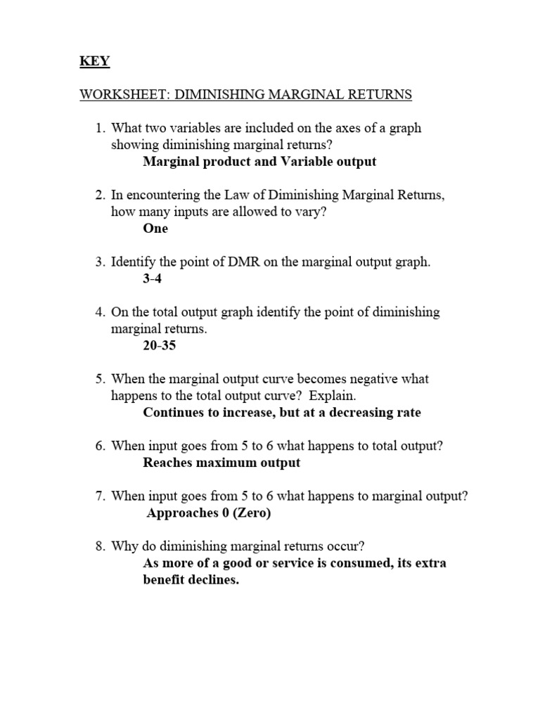 Key-diminishing Marginal Returns Worksheet | PDF