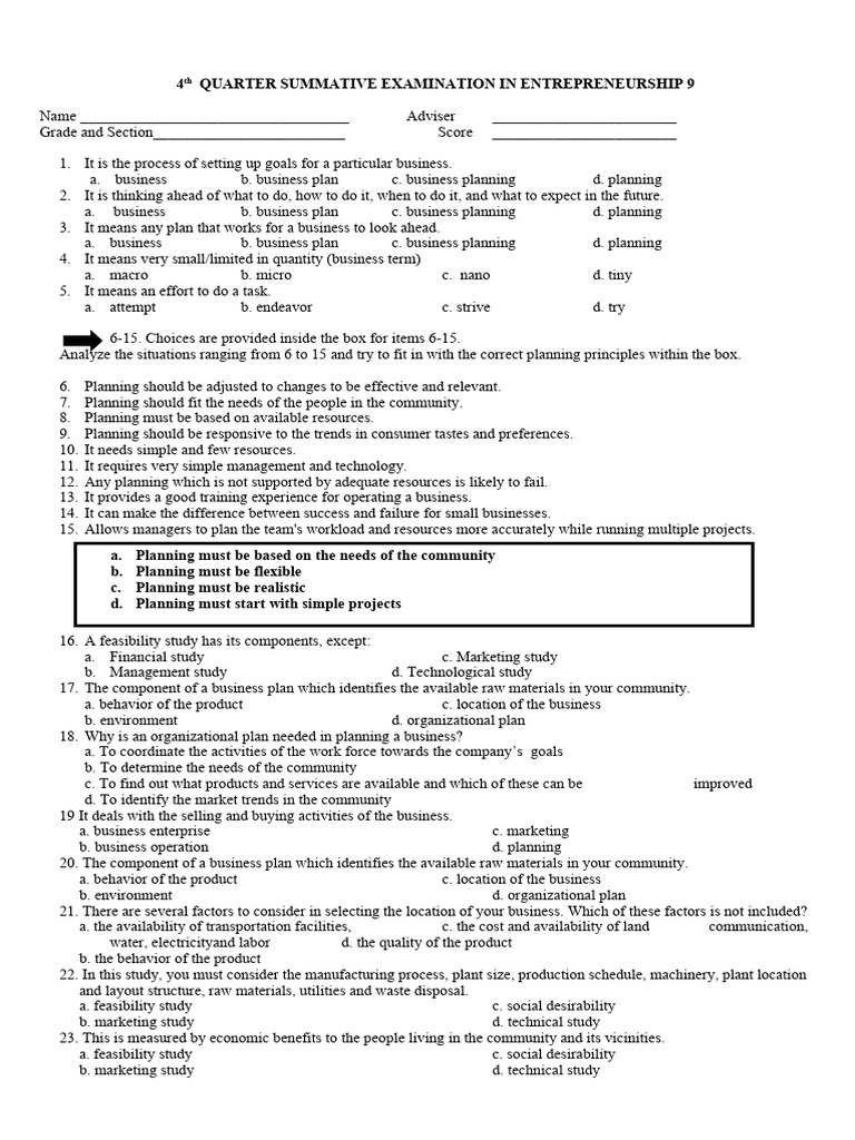 4th Exam in Entrep 9 | PDF | Feasibility Study | Marketing
