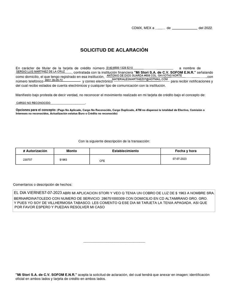 Solicitud de Aclaración de Cargo Stori | PDF