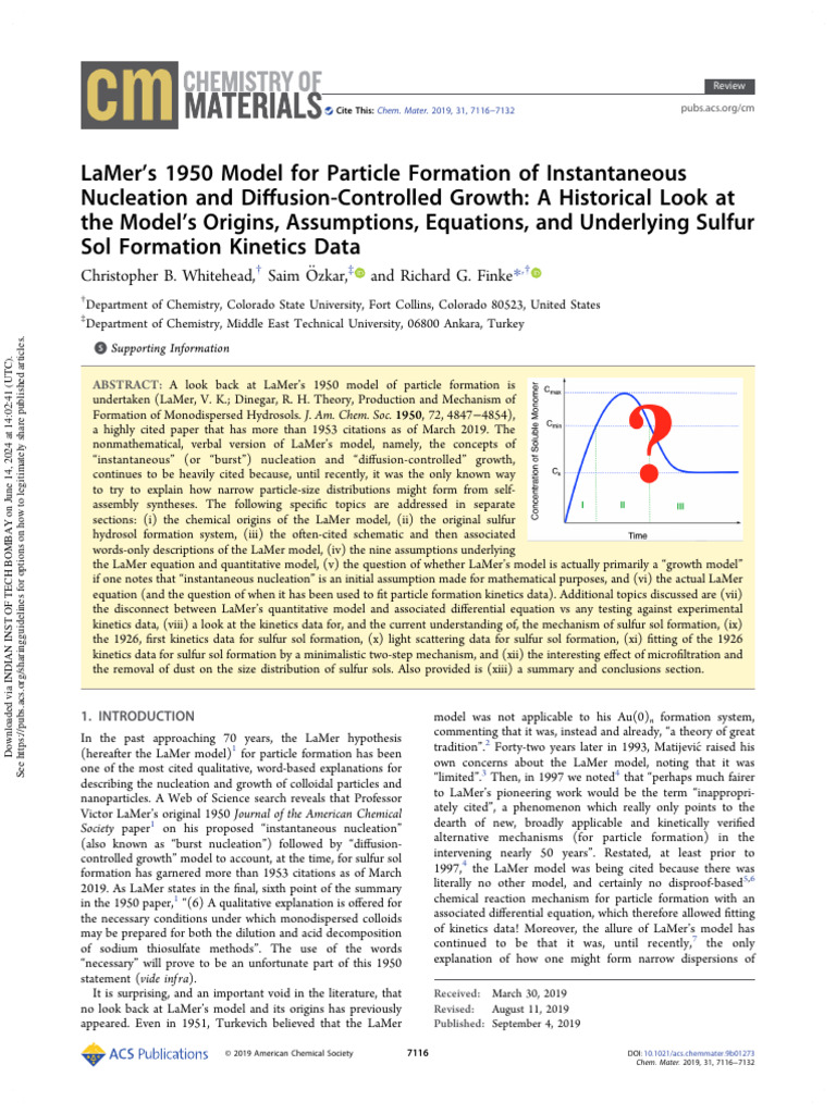 LaMer's 1950 Particle Formation Model | PDF | Nucleation | Nanoparticle