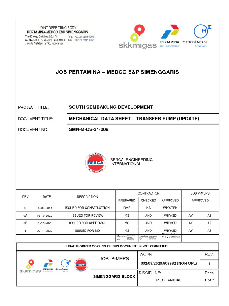 SMN-M-DS-31-008 - Rev1 Mechanical Data Sheet - Transfer Pump (Update) | PDF | Pump | Mechanical ...