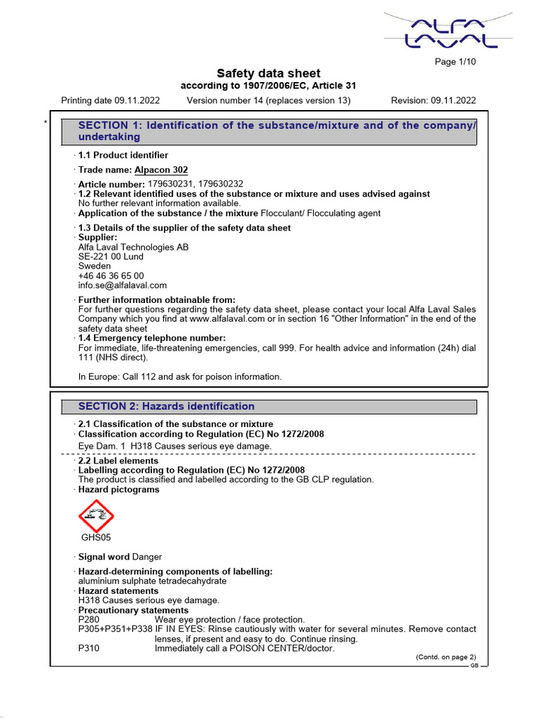 MSDS Alfa Laval Alpacon 302 | PDF | Dangerous Goods | Pollution