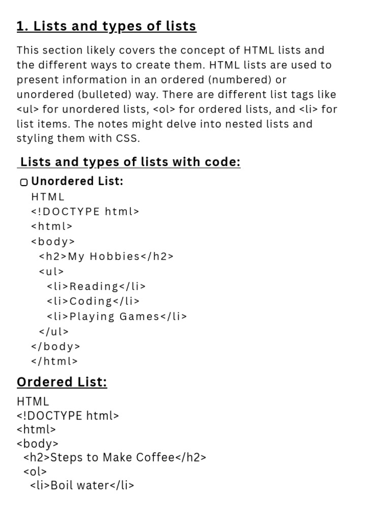 Lists and Types of Lists | PDF | Html Element | Html