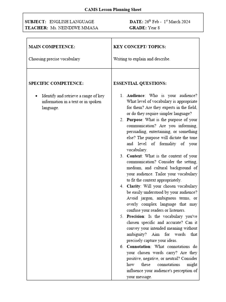 2024 2nd Half Term 2 Week 8 Y8 LANGUAGE Lesson Plan | PDF | Vocabulary ...