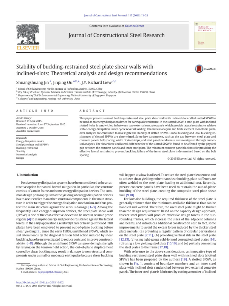 Stability of Buckling-Restrained Steel Plate Shear Walls With Inclined ...