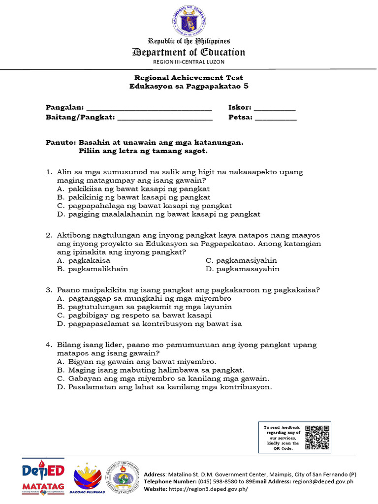 Regional Achievement Test in EsP 5 | PDF