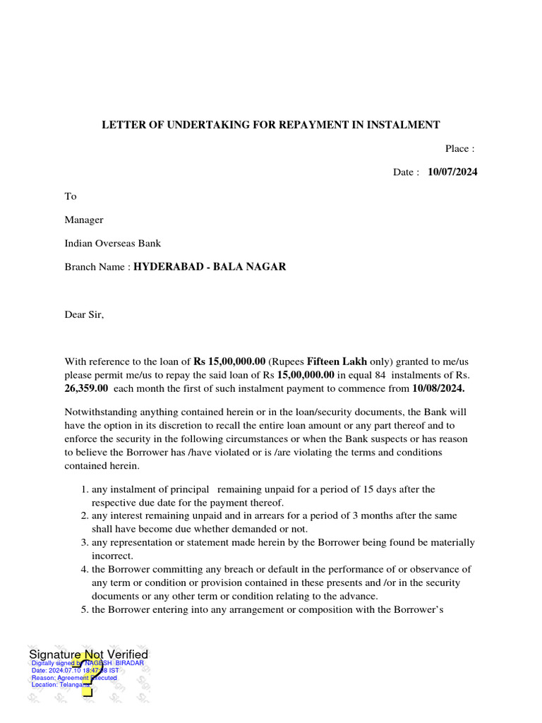 Letter of Undertaking For Repayment in Instalment: Signature Not ...