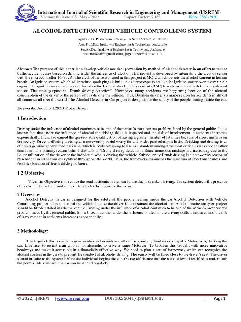 Alcohol Detection With Vehicle Controlling System | PDF | Driving Under ...