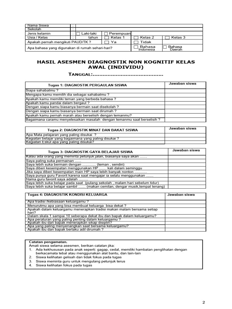 Lembar Asesmen Diagnostik Non Kognitif 150 | PDF